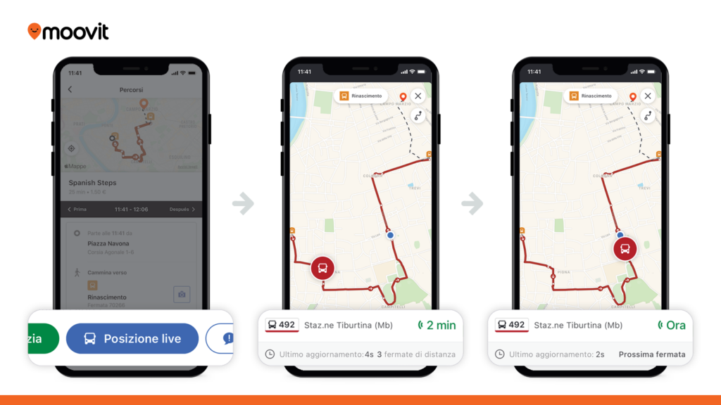 Moovit mostra la posizione in tempo reale del bus in arrivo